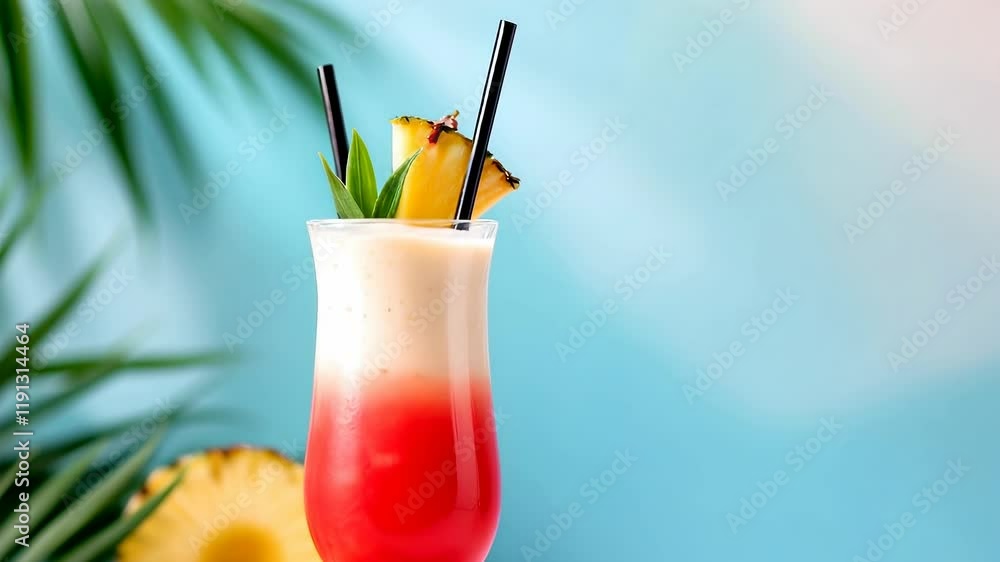 Refreshing tropical sunset cocktail with pineapple garnish against ...