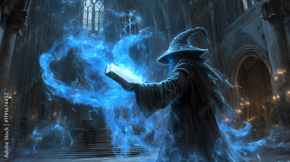 Photo & Art Print An ancient wizard, shrouded in mystery, conjures blue ...