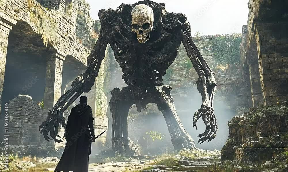 Dark Fantasy Scene Featuring a Giant Skeleton Creature Towering Over a ...