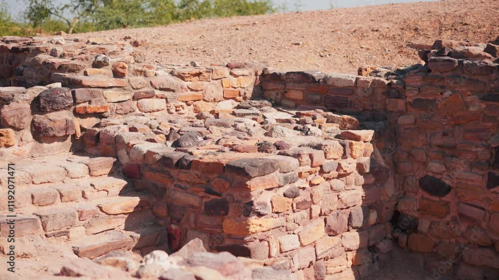 4K shot of ancient civilization ruins of Harappan city in Dholavira ...