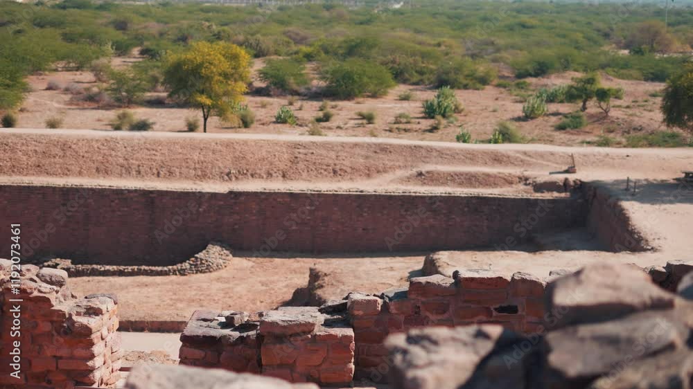 4K shot of ancient civilization ruins of Harappan city in Dholavira, Kutch, India. The ancient ...