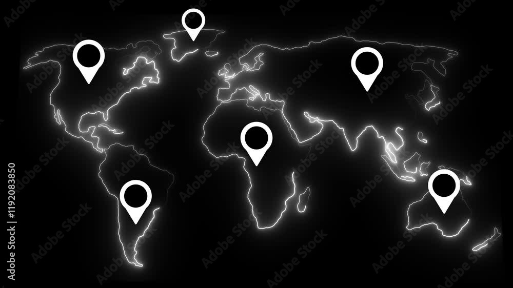 travel plan, neon world map, marking of positions on the map with PIN ...
