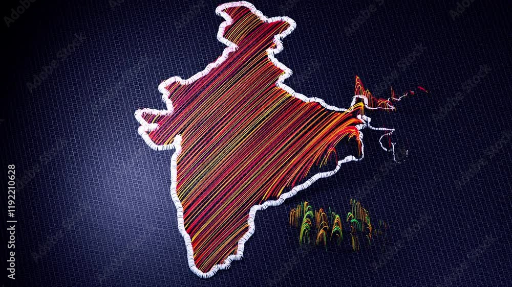 3D animation of an embroidered map of India. The colorful threads and ...