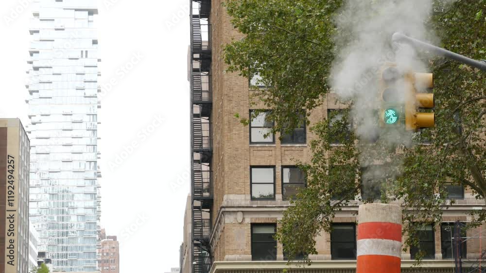 Steam vapor vented, New York City Church, Fulton street, orange vapour ...