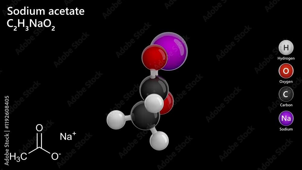Sodium Acetate. Organic sodium salt. Animated 3D model of a molecule ...