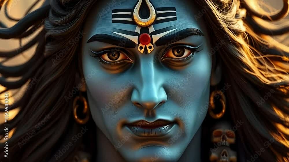 Lord Shiva with flowing black hair adorned with a crescent moon ...