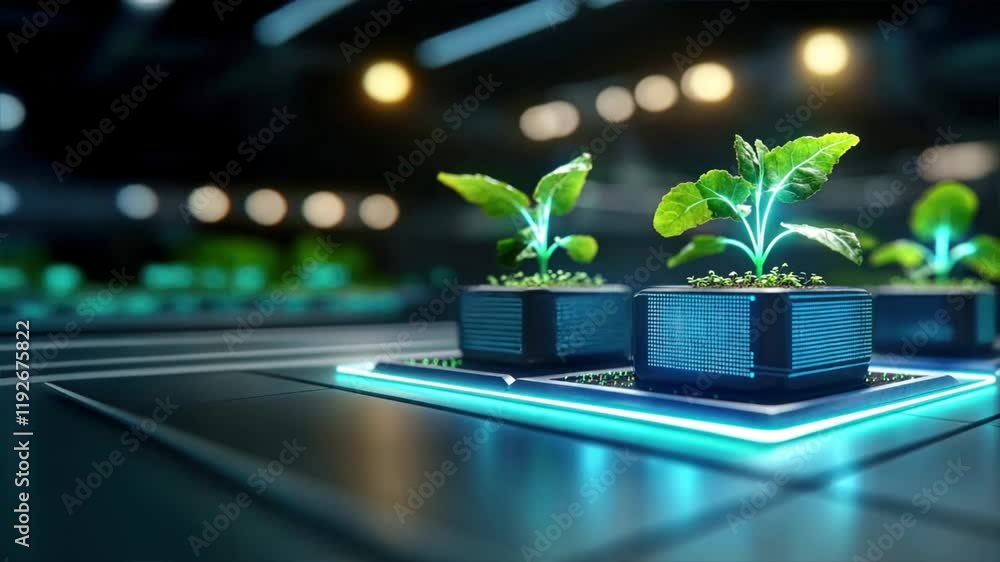 Holographic plant models in futuristic pots with small plants growing ...