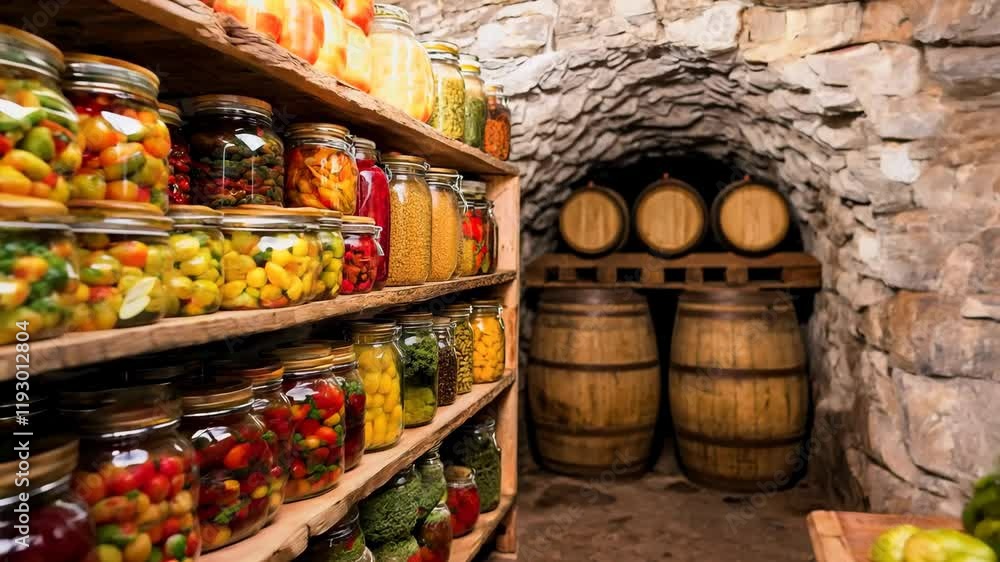 Stone Cellar Storage: Rows of glass jars filled with colorful preserved ...