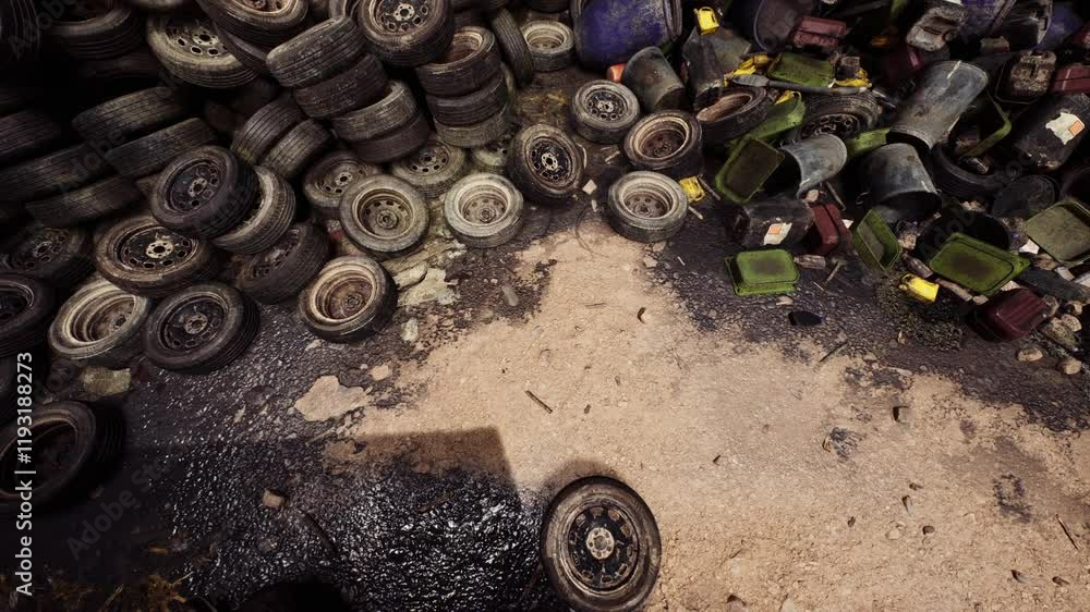 A cluttered roadside area shows piles of discarded tires and trash ...