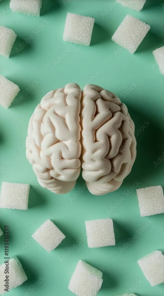 Anatomical model of human brain surrounded by sugar cubes illustrating ...