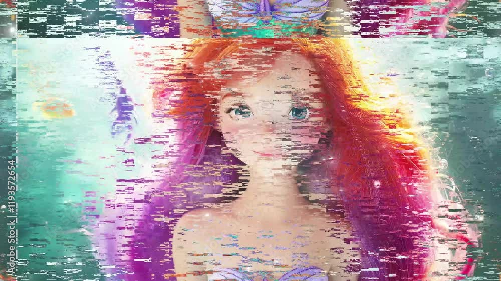 Mermaid doll with vibrant hair in an enchanting underwater world glitch ...