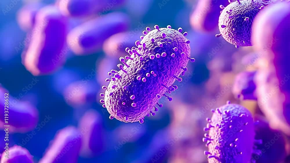 Cells glow vibrant purple hue microscope.Multiple cells cluster ...