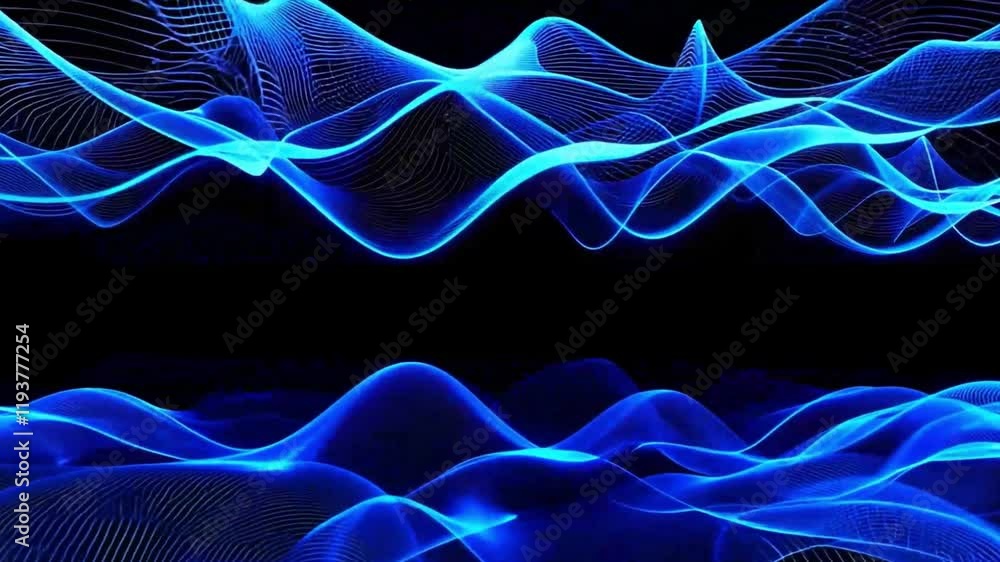 Blue wireframe sound waves visualizing frequency signals and audio ...