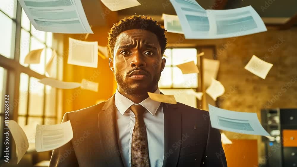 Adult African-American man surrounded flying papers stares bewildered ...