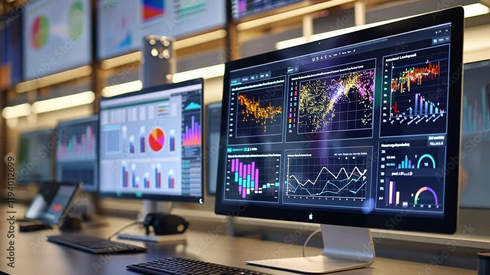 Data Visualization in Business: Two computer monitors display an array ...