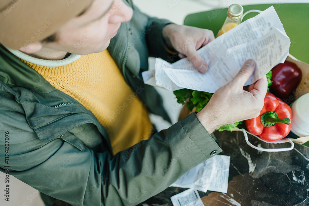 Photo & Art Print Urban shopper evaluating total cost of groceries ...