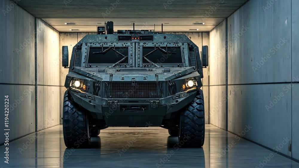 Front view of an armored military vehicle in a modern underground ...