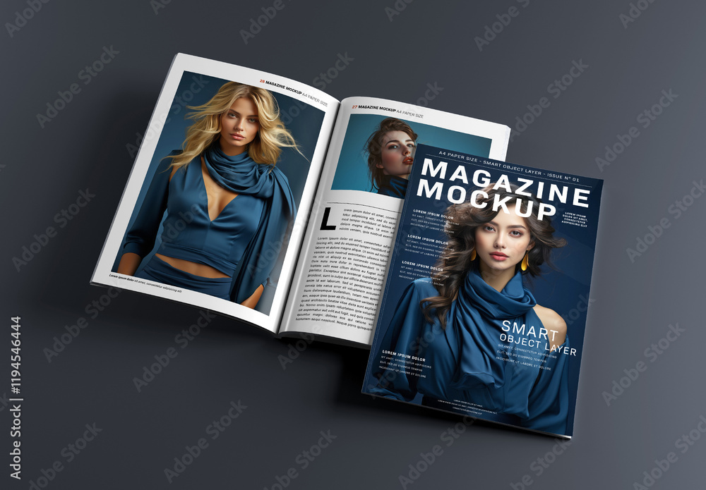 Magazine Cover and Open Magazine Mockup on Black Background Stock ...
