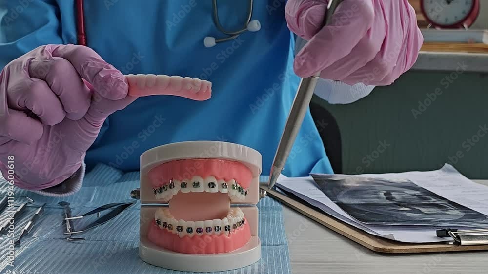 Dental assistant demonstrating oral care techniques with dental model ...
