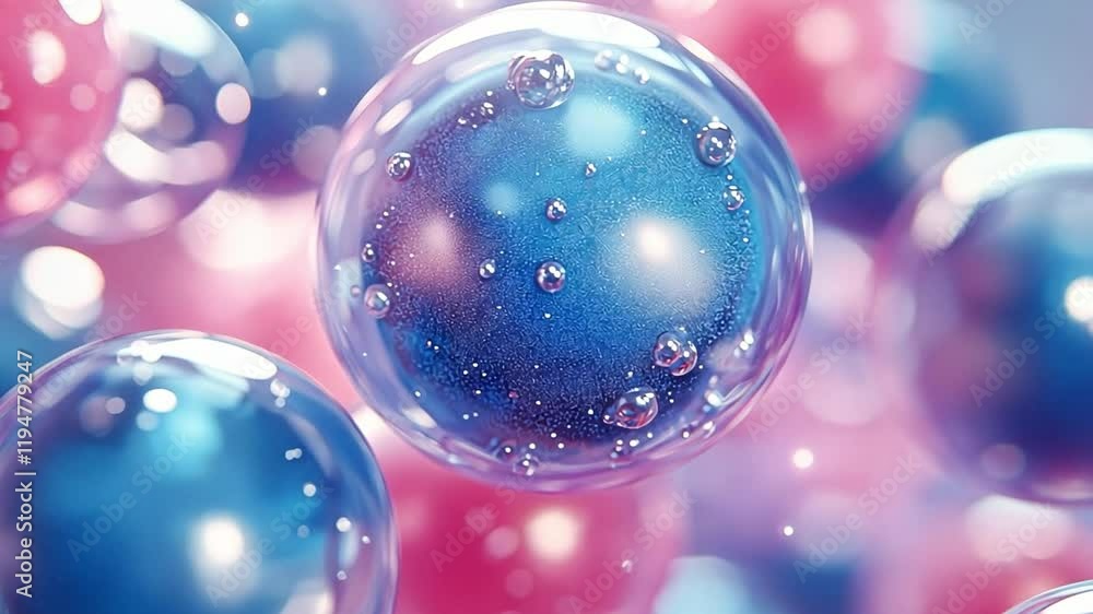 Floating Blue and Pink Spheres: A cluster of iridescent blue and pink spheres with bubbles ...