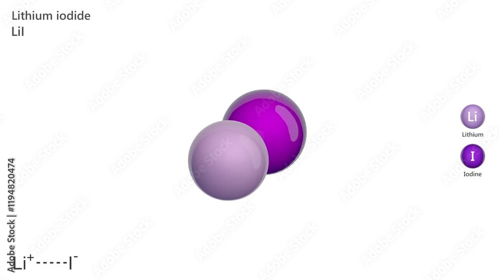Lithium Iodide. Animated 3D model of a molecule. Molecular formula: LiI ...