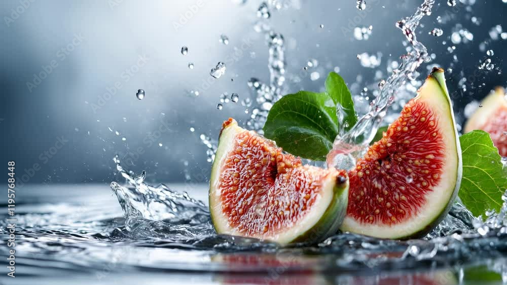 Slices of ripe figs with green leaves plunge into clear water, creating ...