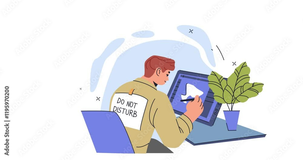 Workflow organization. Moving banner with busy male office worker doing ...