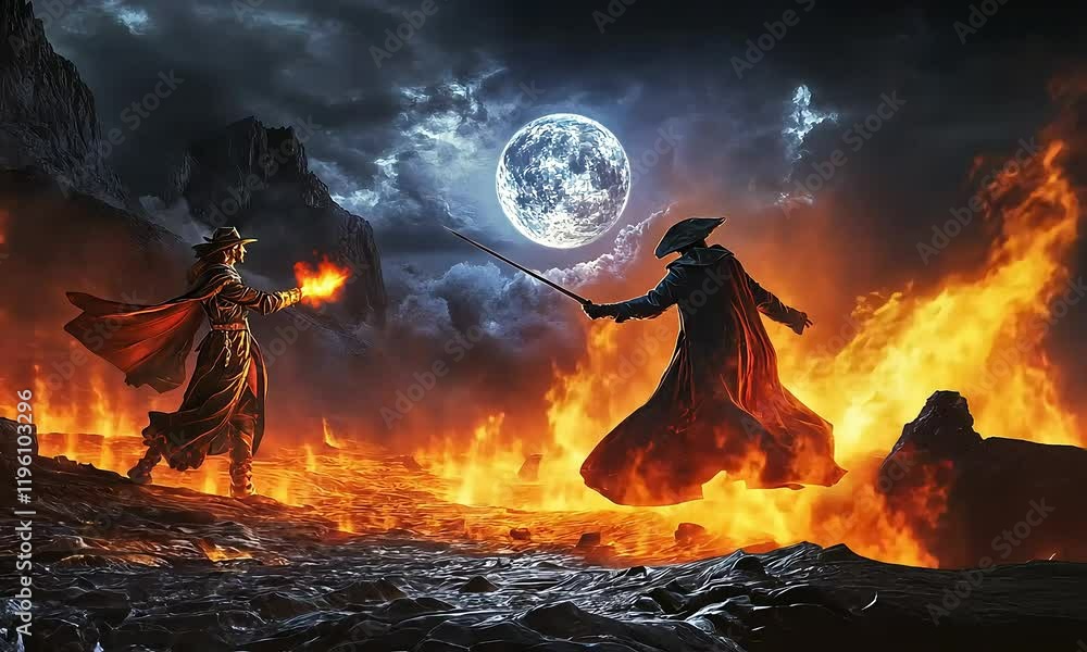 Dramatic Battle Scene Between Two Sorcerers in Fiery Landscape Under a ...