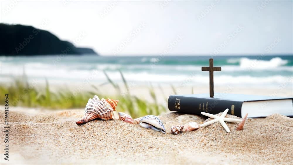 Summer camp background with bible and crucifix of Jesus Christ on sandy ...