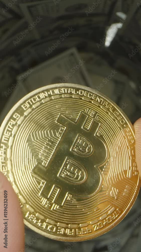 Vertical video. Close-Up View of a Gold Bitcoin Coin Mid-Air as It ...