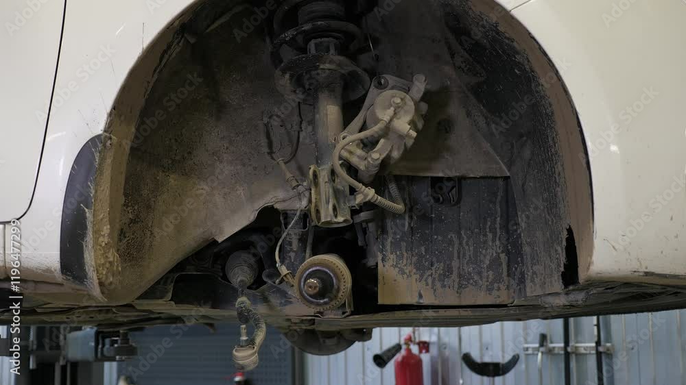 A close-up of a part of the car with a completely disassembled wheel, a ...