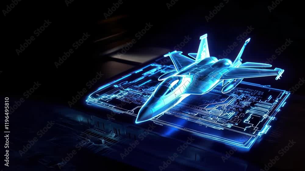 Fighter jet hologram displayed over a desktop circuit board background ...