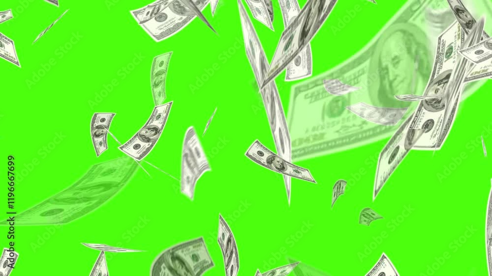 Animation of 100 dollar bills falling on green screen or chroma key ...