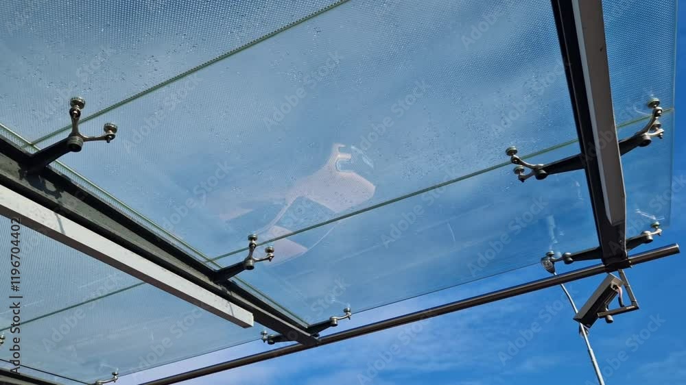 suspended glass roof above building entrance. bus station railway ...