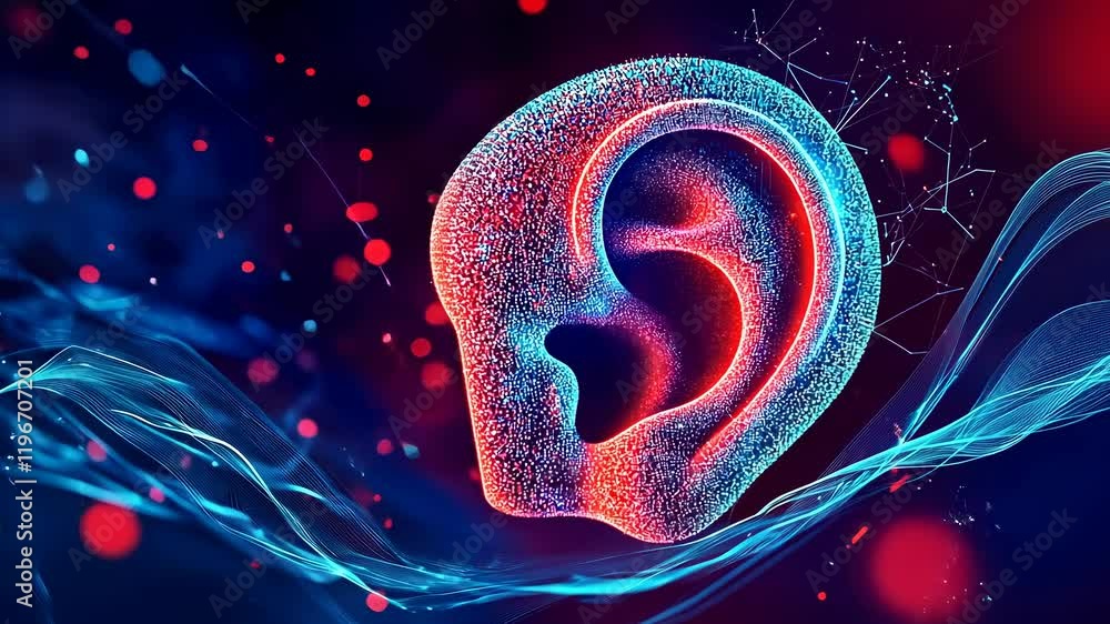 Ear model shines vibrant hues.Biotechnological suspended neon swirls ...