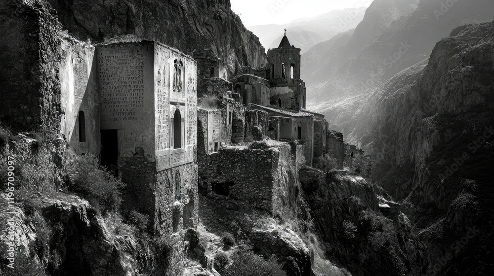 Poster A crumbling ancient monastery nestled in the mountains, with ...