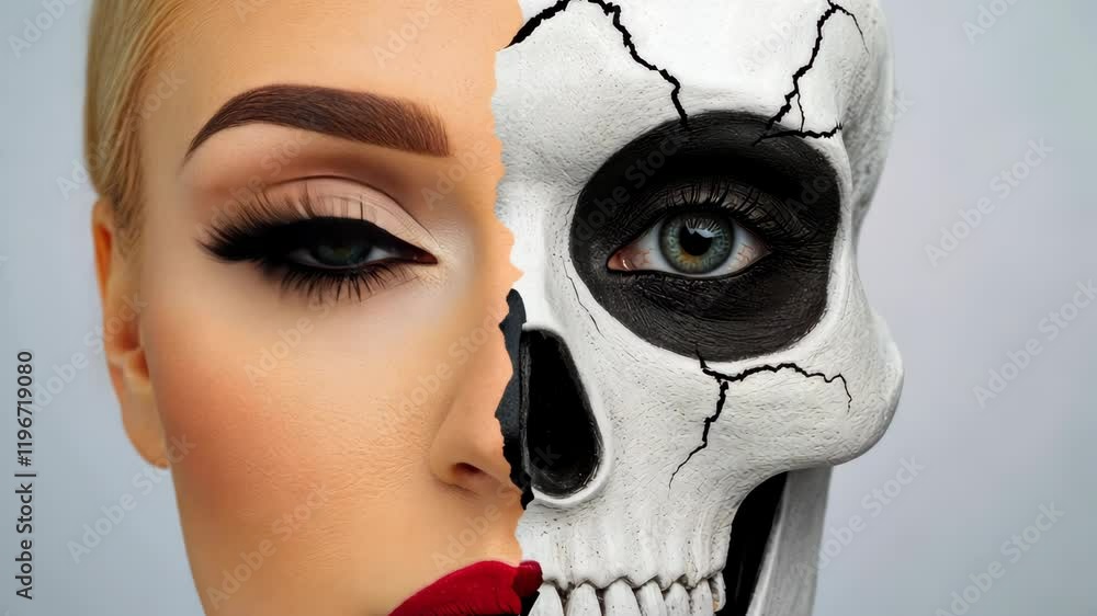 Vidéo Stock Woman's face is split in half, with one half being a skull ...