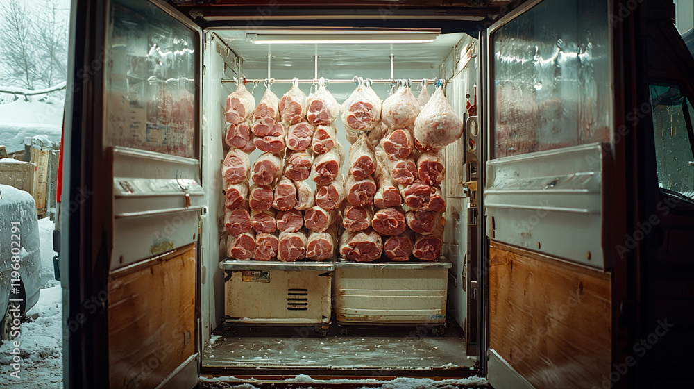 Poster Open refrigerated truck revealing hanging cuts of meat in a cold ...