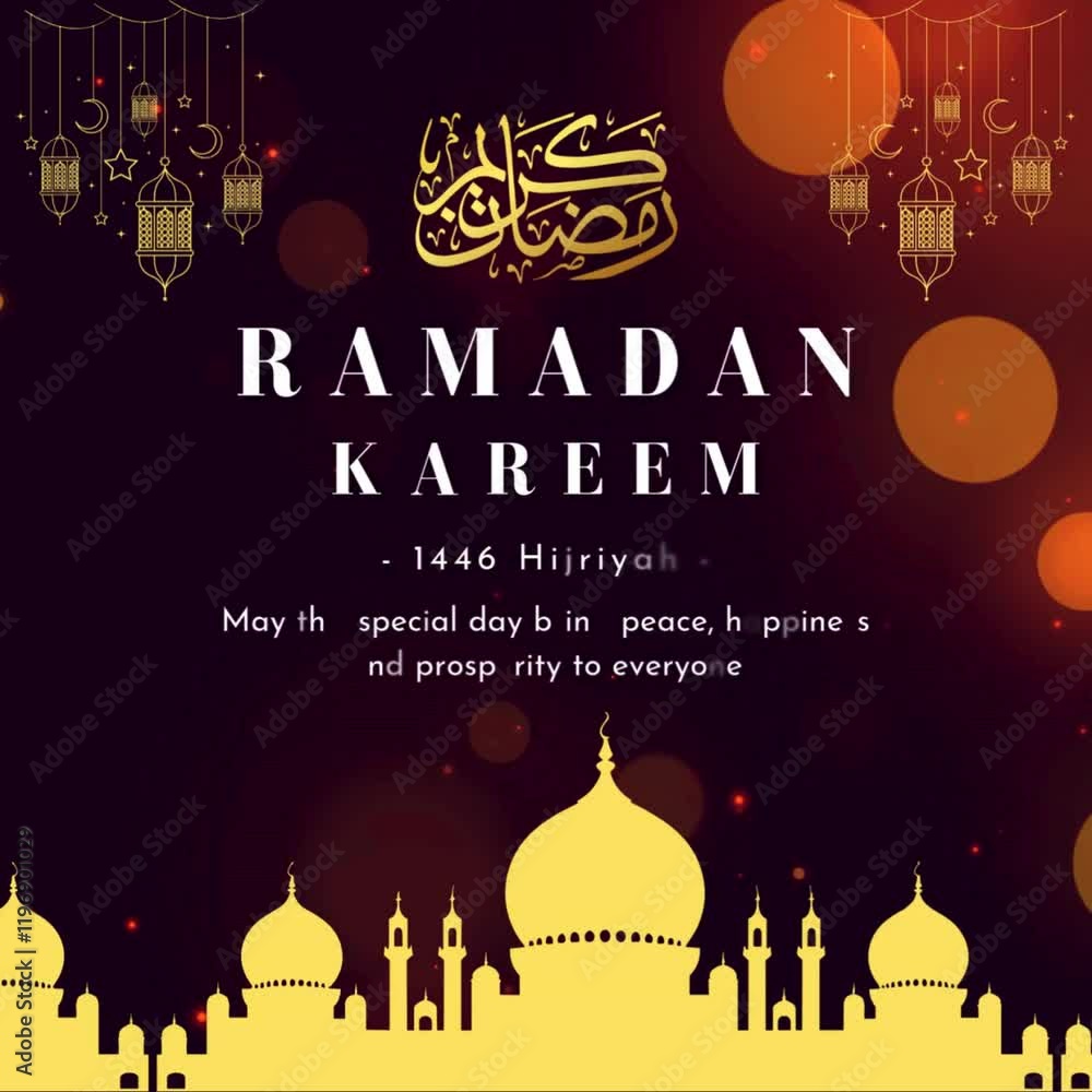 Happy Ramadan Mubarak Islamic golden design with calligraphy, mosque ...