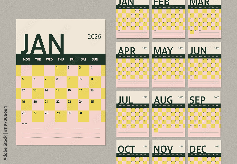 Pale Pink and Yellow Calendar Layout Stock Template | Adobe Stock