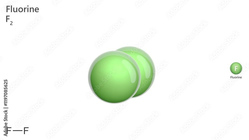 Fluorine. Gas. Animated 3D model of a molecule. Molecular formula: F2 ...