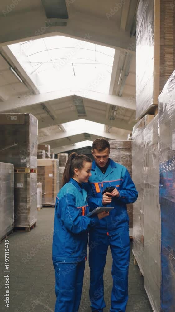 Managers scan a barcode at a packaging factory. QR code on pallets ...
