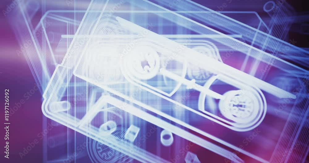 Audio Cassette tape retro 80s music record symbol rotating on lights ...