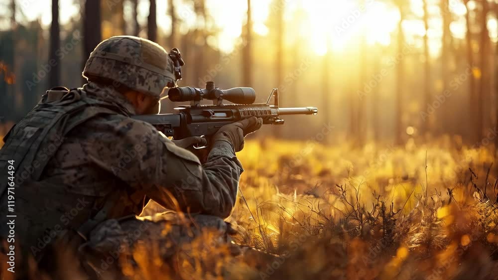back view of soldier aiming with sniper rifle in the sunset forest, war ...