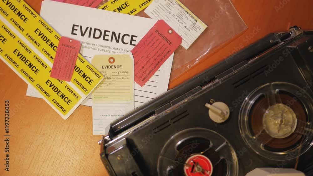 able of Detective full of Crime Evidence Tags Labels Tape Recorder ...