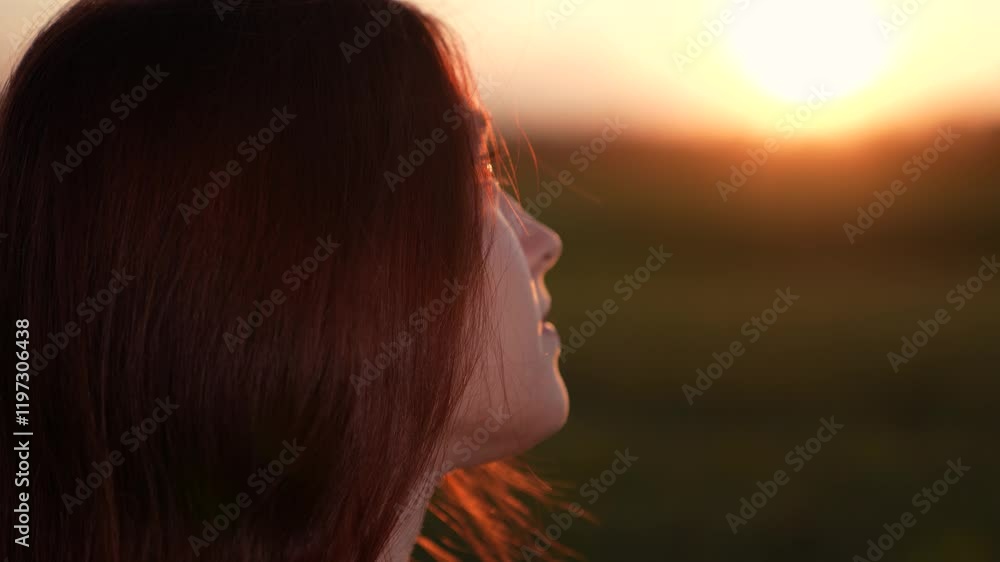 beautiful girl with red hair wind looking sunset, happy youth youth ...