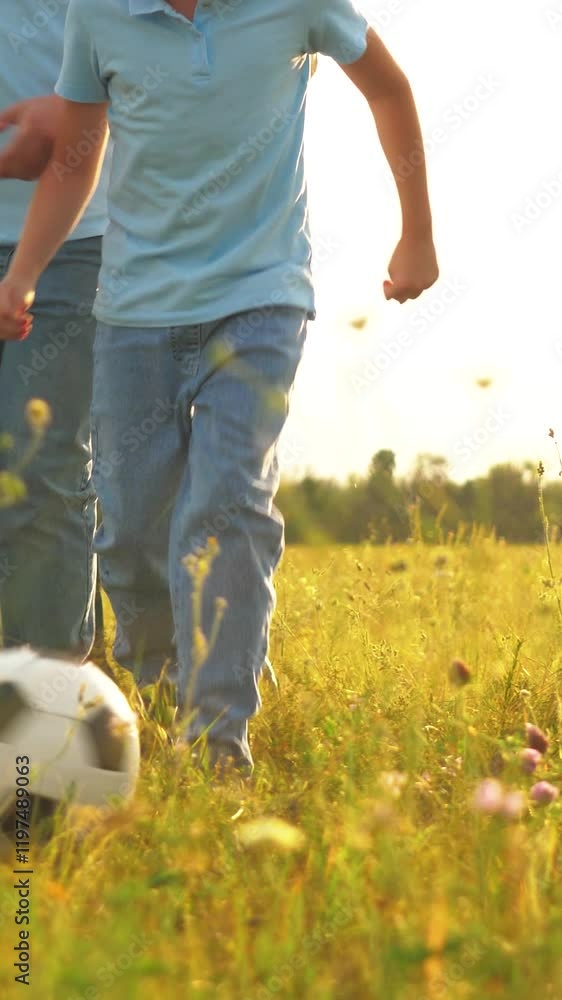 father playing ball with children outdoors, boy girl, happy family ...