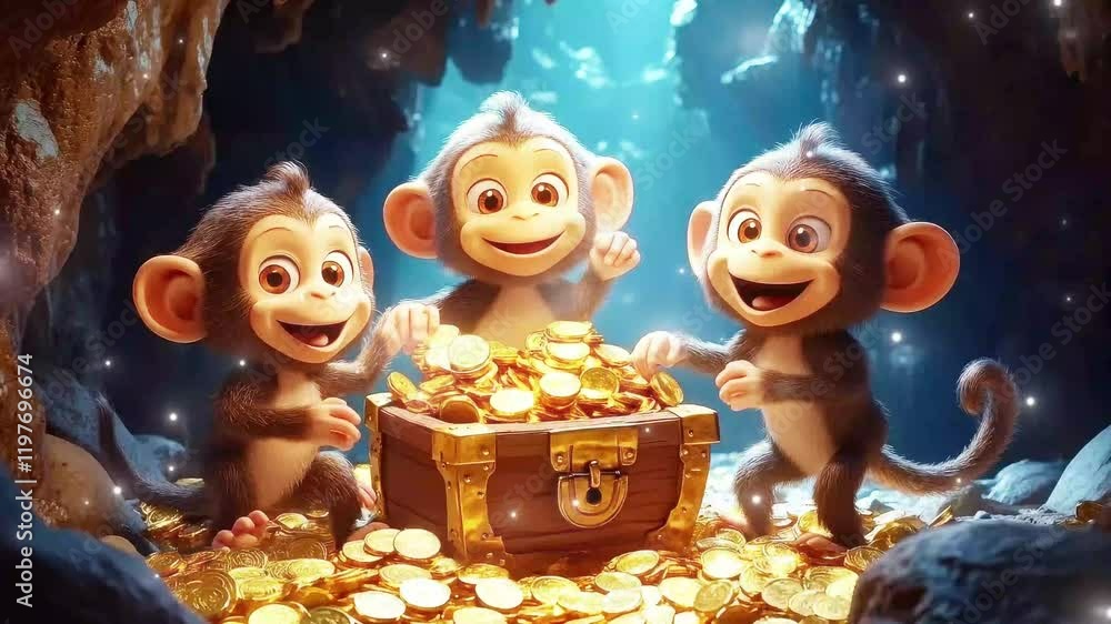 Three Monkeys joyfully explore a treasure chest overflowing with gold ...