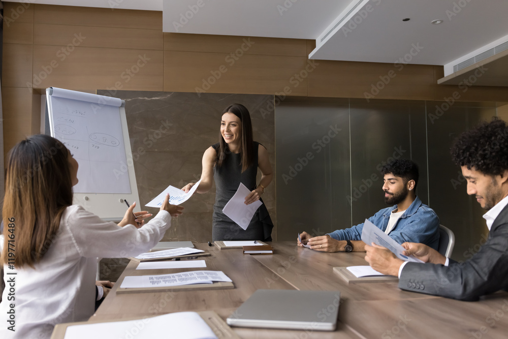 Poster Team leader hold formal meeting share handout material to ...