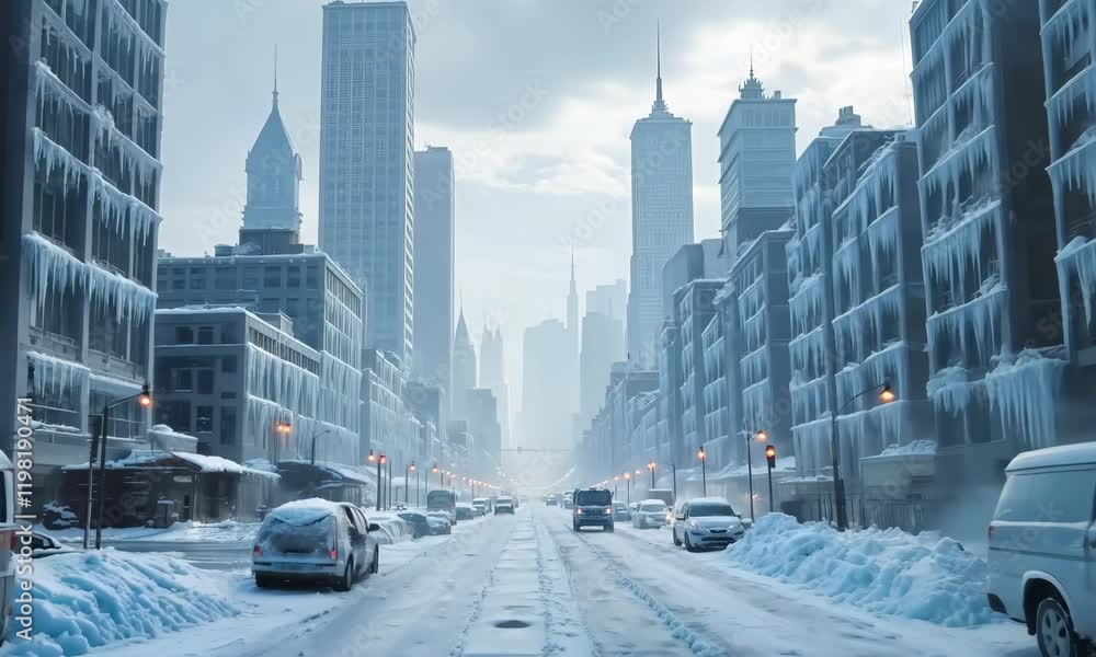 A frozen metropolis, frozen city under extreme cold, with a vanishing ...